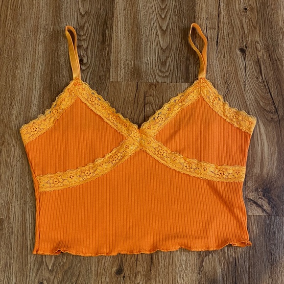 Tops | Orange Lacy Cropped Tank Top | Poshmark